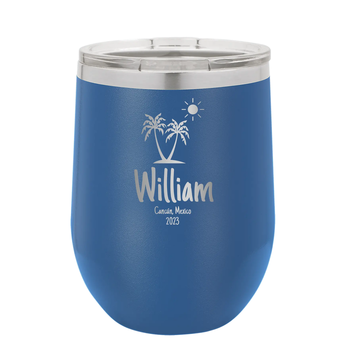 Personalized Palm Trees Wine Cup - Royal Blue | Iconic Imprint