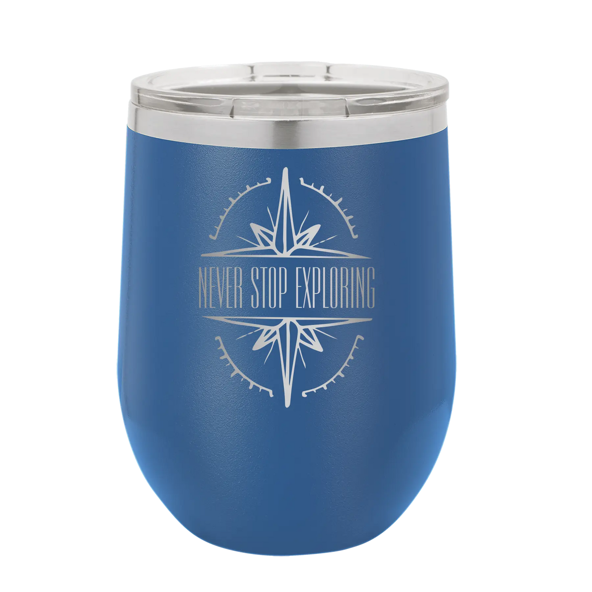 Personalized Never Stop Exploring Wine Cup - Royal Blue | Iconic Imprint