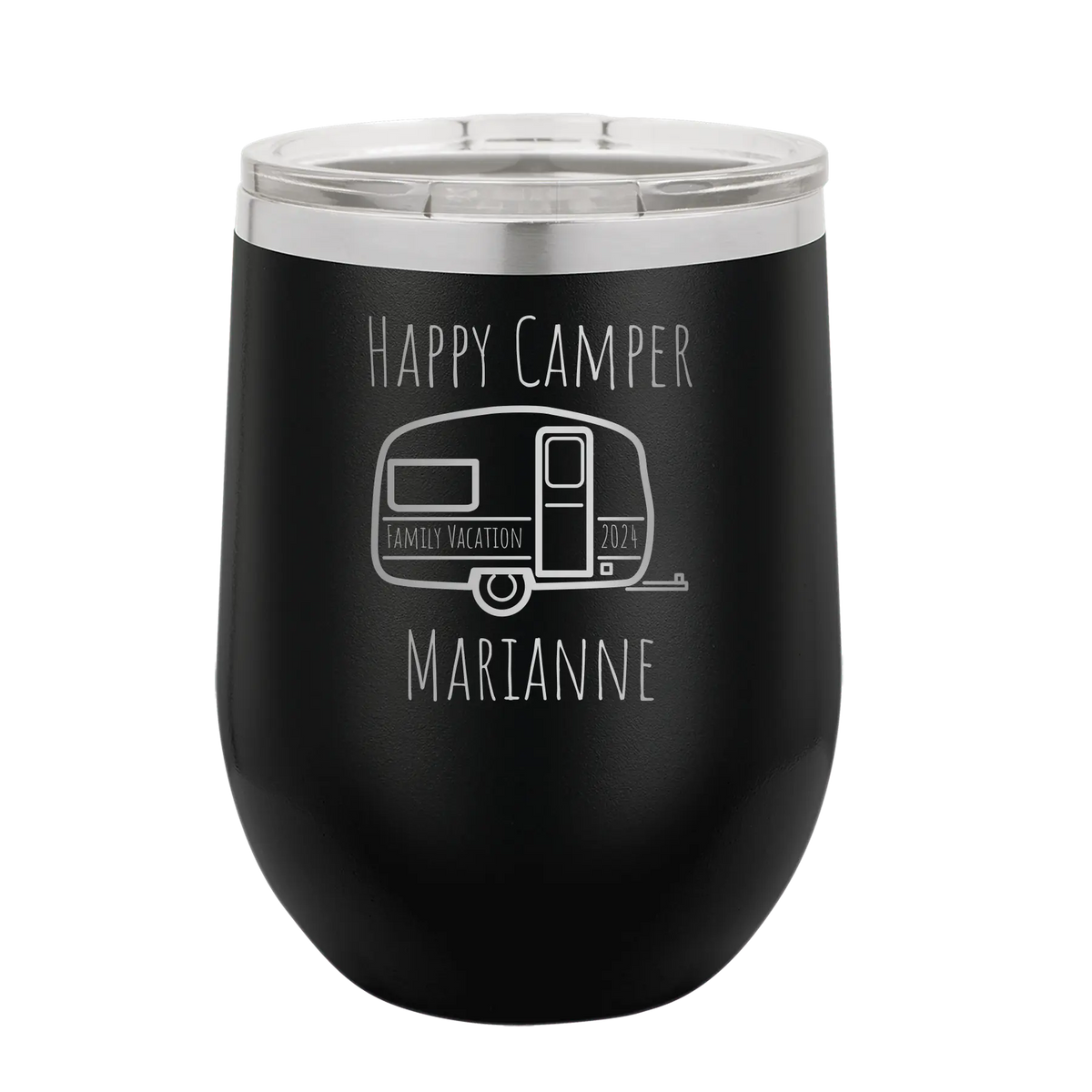 Personalized Happy Camper Wine Cup - Black | Iconic Imprint
