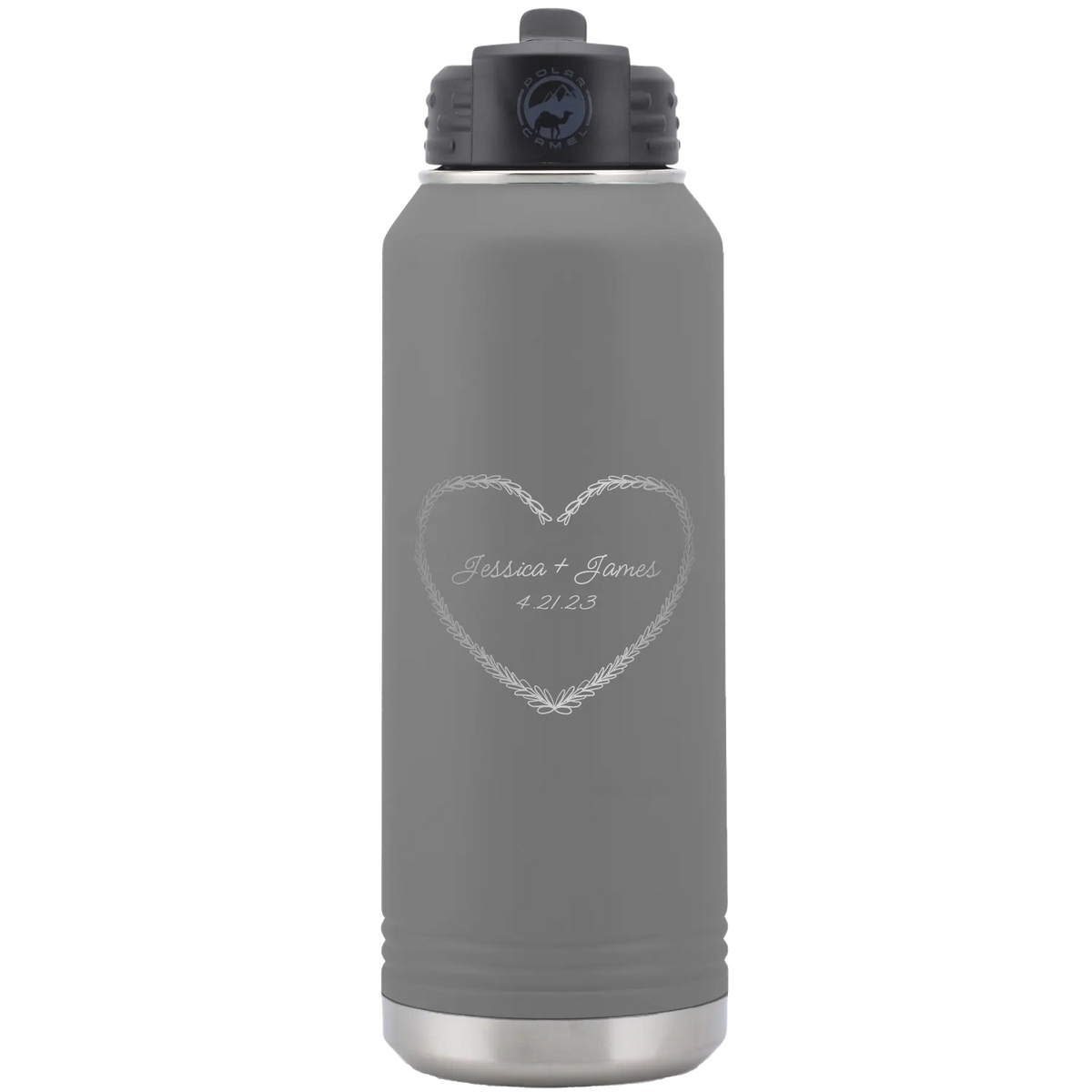 Personalized Heart Frame 32 oz Water Bottle - Dark Gray | Iconic Imprint