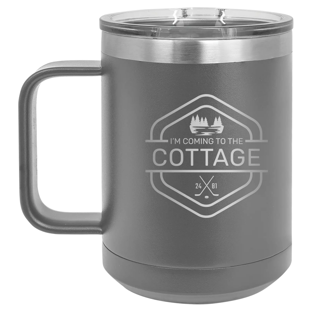 Personalized I'm Coming to the Cottage (Trees) 15 oz Mug - Dark Gray ...